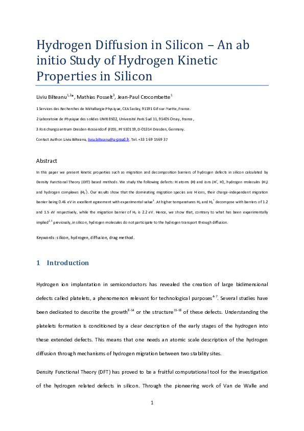 (PDF) Hydrogen Diffusion in Silicon - An ab initio Study of Hydrogen ...