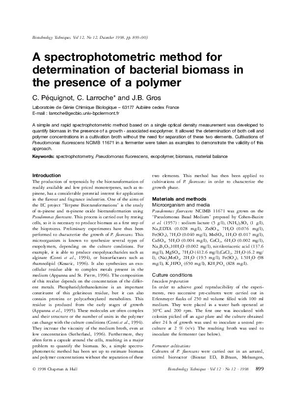Pdf A Spectrophotometric Method For Determination Of Bacterial Biomass In The Presence Of A