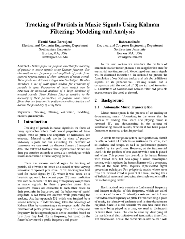 (PDF) Tracking of Partials in Music Signals Using Kalman Filtering ...