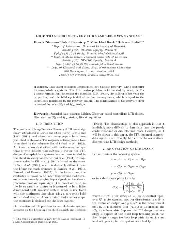 Pdf Loop Transfer Recovery For Sampled Data Systems