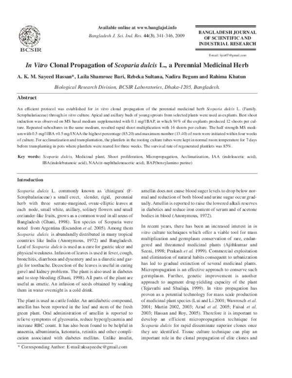 (PDF) In Vitro Clonal Propagation of Scoparia dulcis L., a Perennial ...