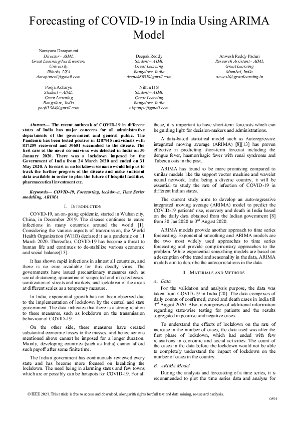 (PDF) Forecasting of COVID-19 in India Using ARIMA Model