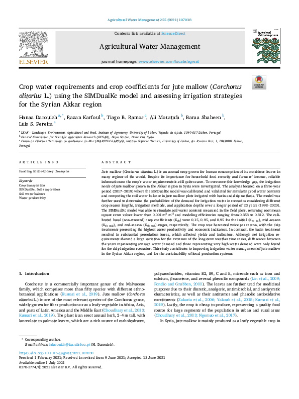(PDF) Crop water requirements and crop coefficients for jute mallow (Corchorus olitorius L ...