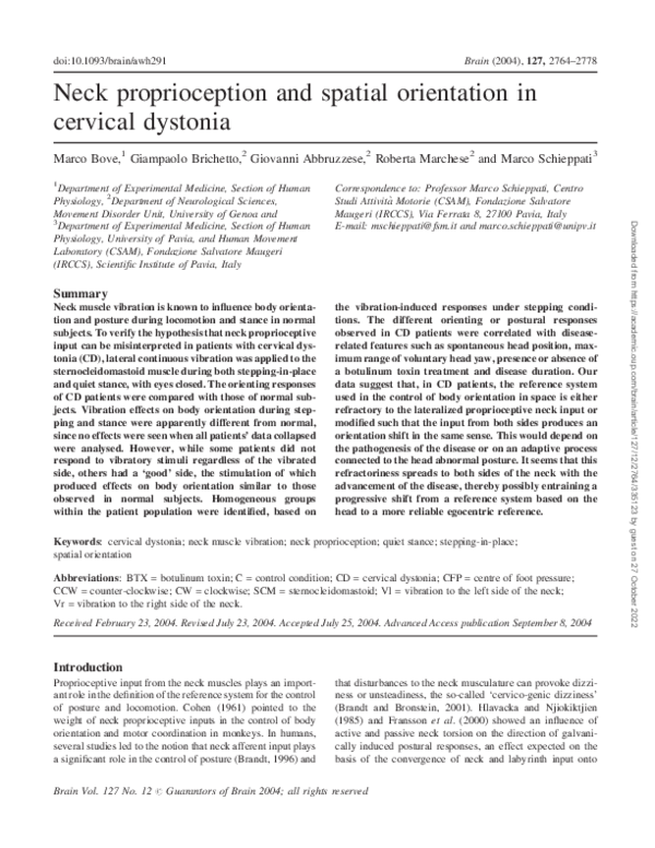 (PDF) Neck proprioception and spatial orientation in cervical dystonia