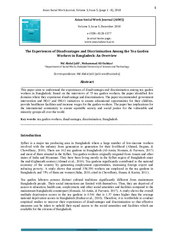 (PDF) The Experiences of Disadvantages and Discrimination Among the Tea Garden Workers in ...