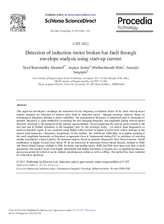 Pdf Detection Of Induction Motor Broken Bar Fault Through Envelope Analysis Using Start Up Current