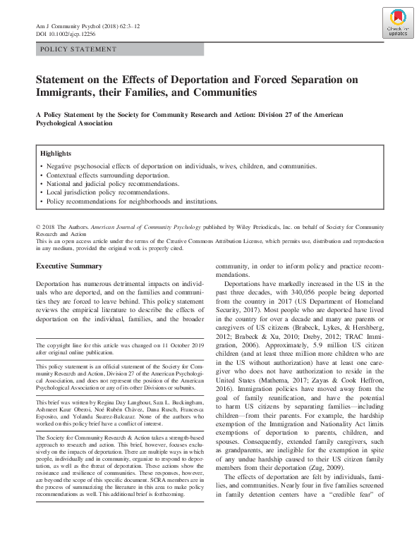 (PDF) Statement on the effects of deportation and forced separation on immigrants, their ...