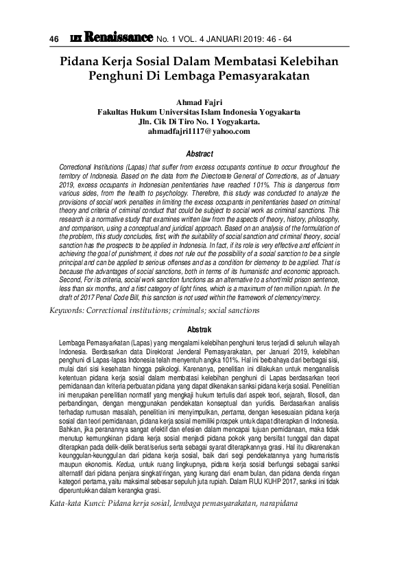 (PDF) Pidana Kerja Sosial Dalam Membatasi Kelebihan Penghuni Di Lembaga ...