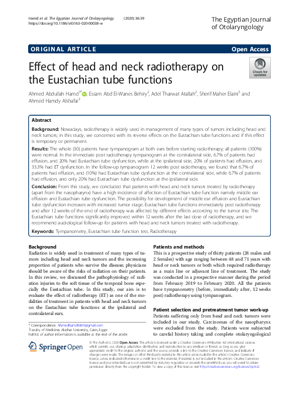 (PDF) Effect of head and neck radiotherapy on the Eustachian tube functions