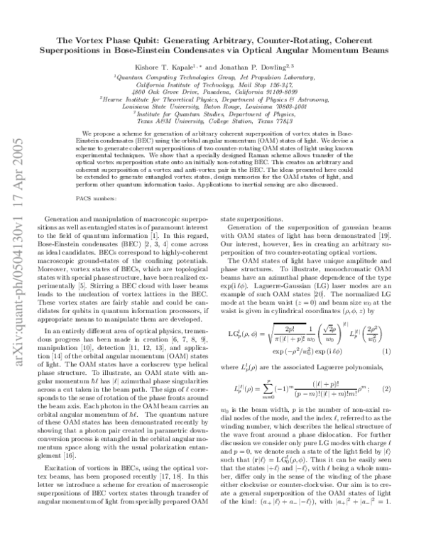 (PDF) Vortex Phase Qubit: Generating Arbitrary, Counterrotating, Coherent Superpositions in Bose ...