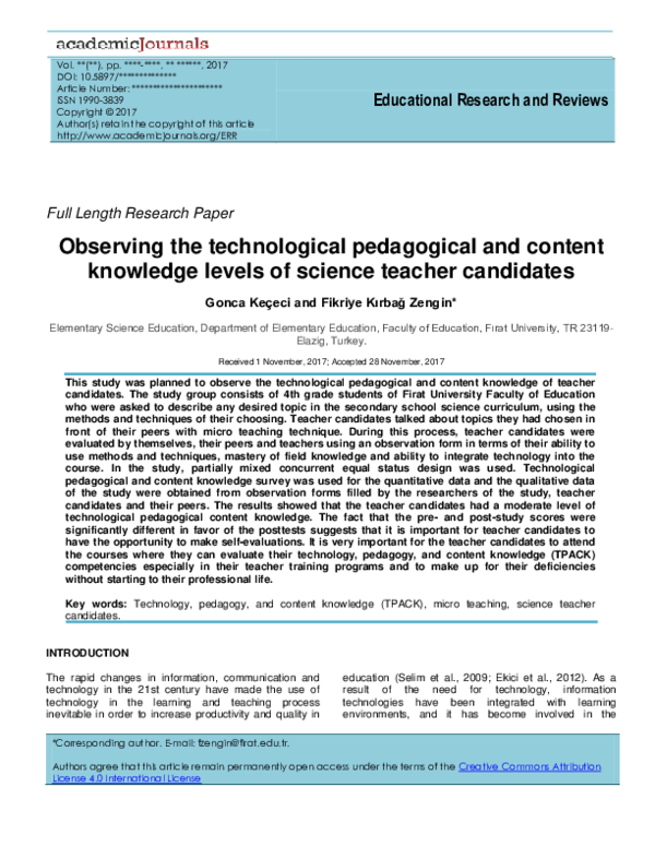 (PDF) Observing the technological pedagogical and content knowledge ...
