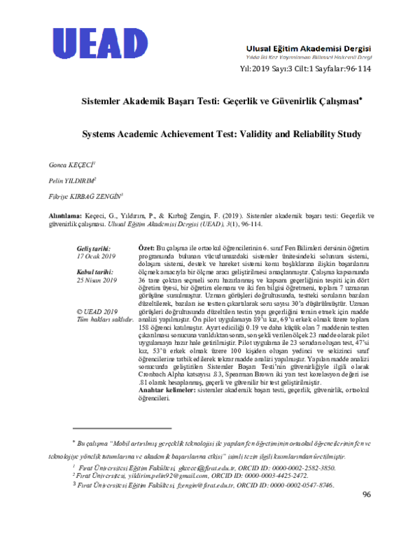(PDF) Sistemler Akademik Başarı Testi: Geçerlik ve Güvenirlik Çalışması