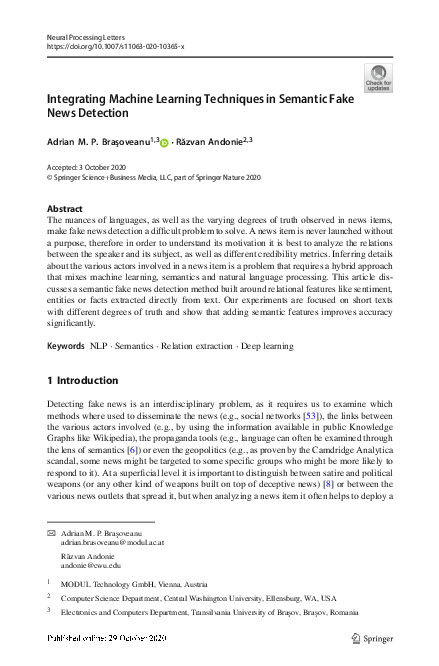 Pdf Integrating Machine Learning Techniques In Semantic Fake News Detection