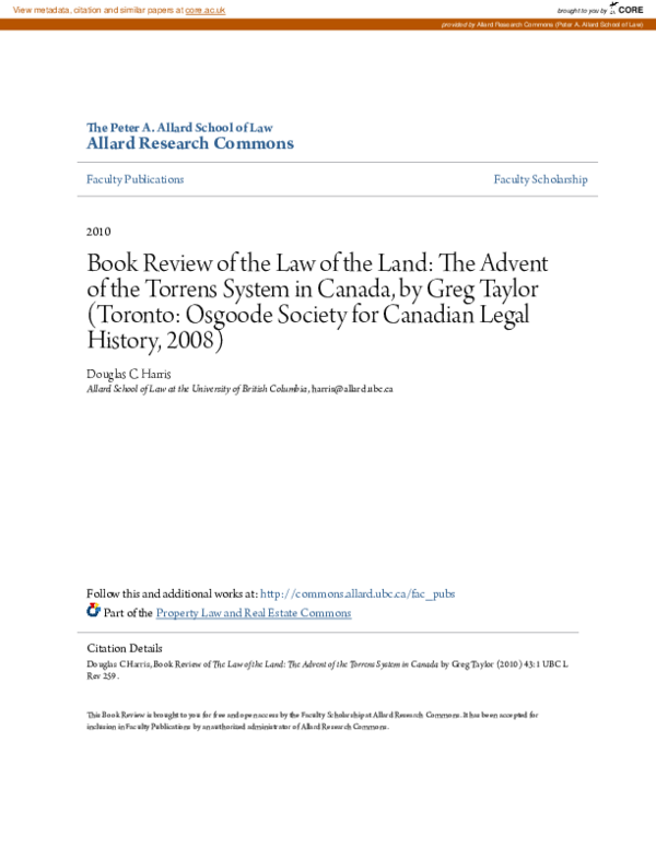 (PDF) Book Review of the Law of the Land: The Advent of the Torrens ...
