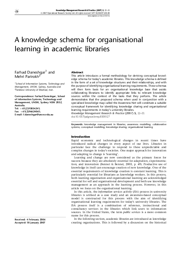 (PDF) A knowledge schema for organisational learning in academic libraries