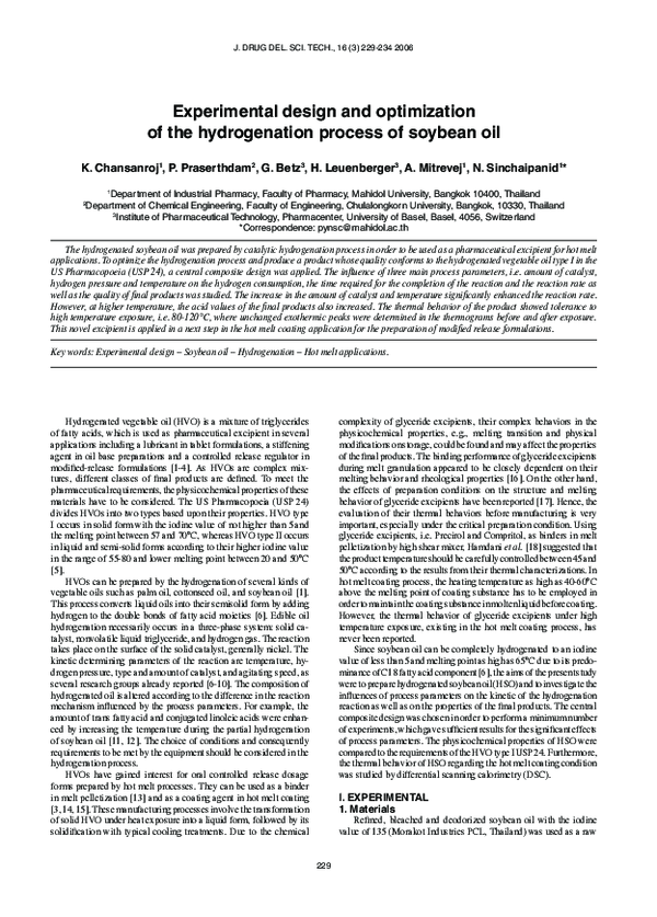 (PDF) Experimental design and optimization of the hydrogenation process of soybean oil