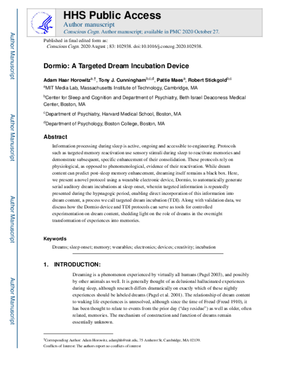 (PDF) Dormio: A targeted dream incubation device