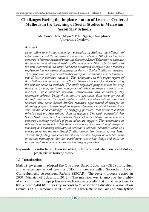 Pdf Challenges Facing The Implementation Of Learner Centered Methods In The Teaching Of Social