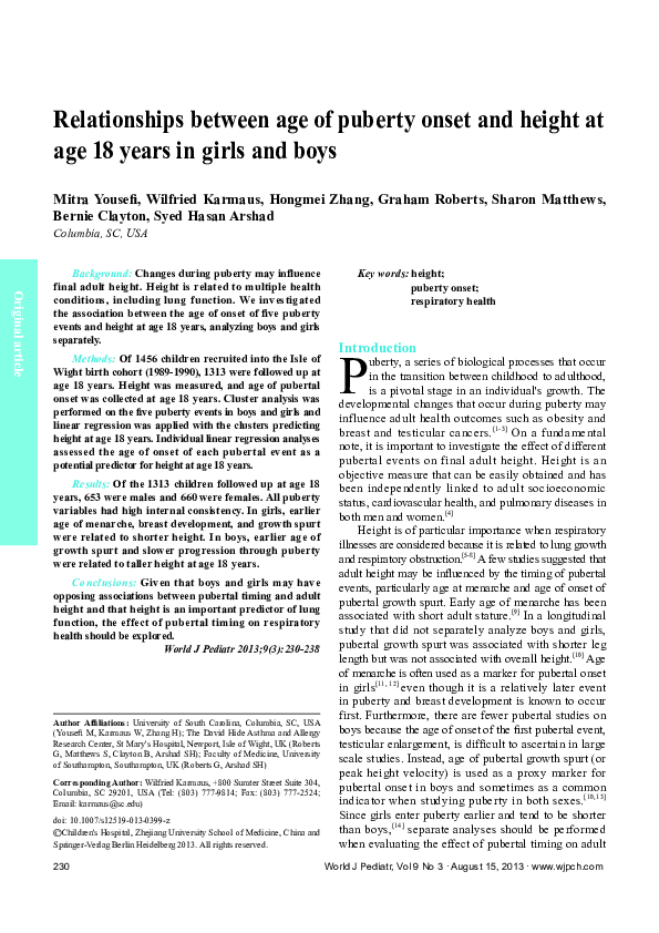 (PDF) Relationships between age of puberty onset and height at age 18 ...