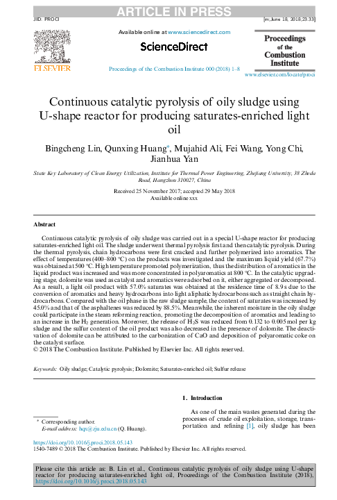 (PDF) Continuous catalytic pyrolysis of oily sludge using U-shape ...