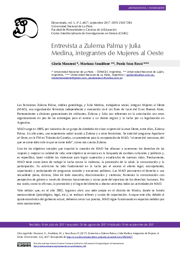 (PDF) Entrevista a Zulema Palma y Julia Medina, integrantes de "Mujeres ...