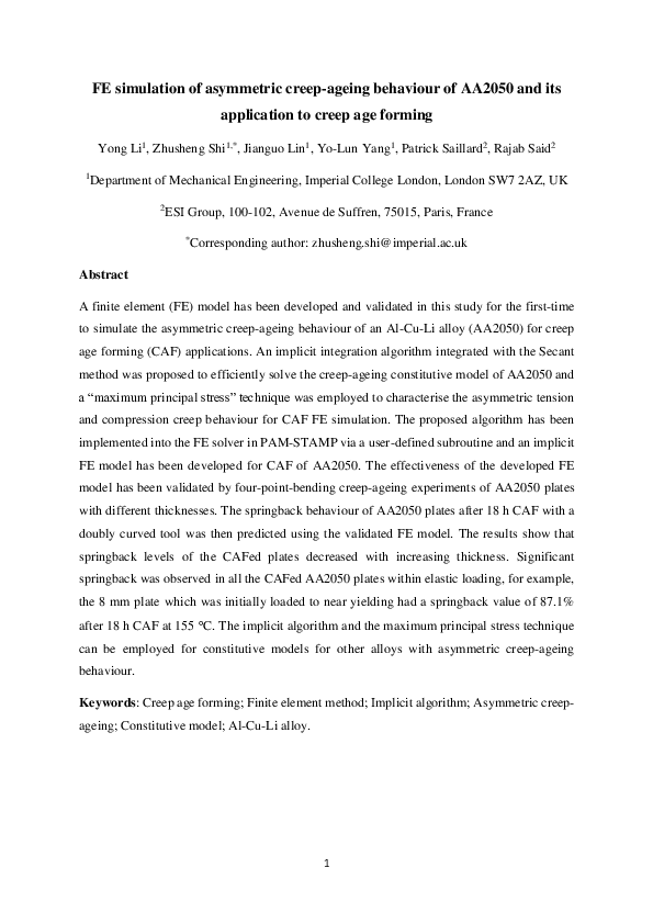 Pdf Fe Simulation Of Asymmetric Creep Ageing Behaviour Of Aa2050 And Its Application To Creep