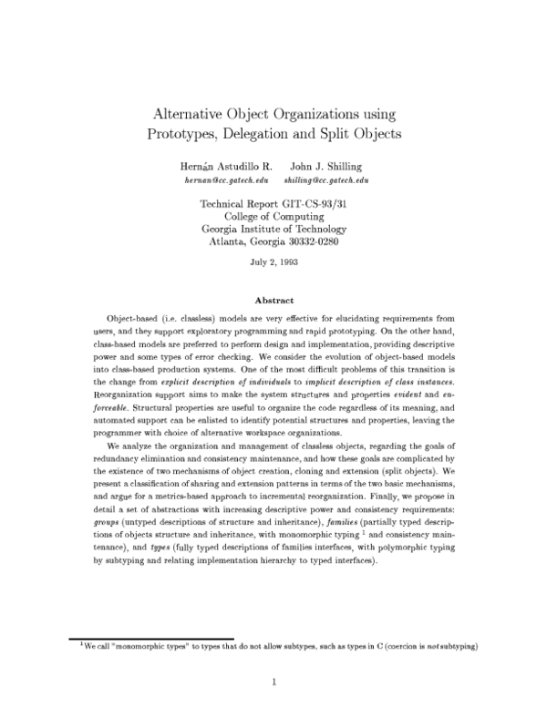 (PDF) Alternative Object Organizations using Prototypes, Delegation and Split Objects