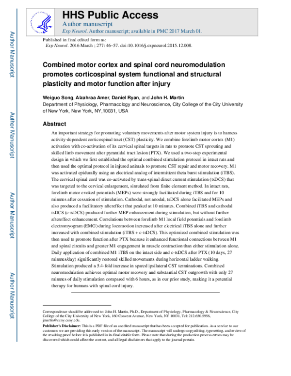 (PDF) Combined motor cortex and spinal cord neuromodulation promotes ...