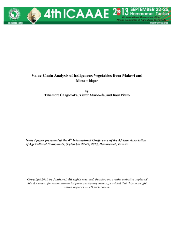 (PDF) Value Chain Analysis of Indigenous Vegetables from Malawi and Mozambique