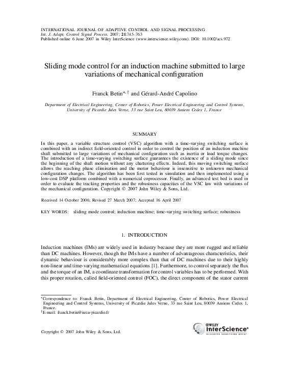 (PDF) Sliding mode control for an induction machine submitted to large variations of mechanical ...