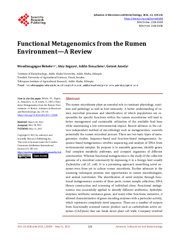 (PDF) Functional Metagenomics from the Rumen Environment—A Review