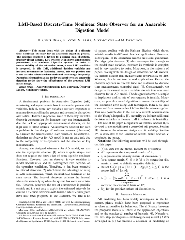 (PDF) LMI-based discrete-time nonlinear state observer for an anaerobic ... (PDF) LMI-based discrete-time nonlinear state observer for an anaerobic ...