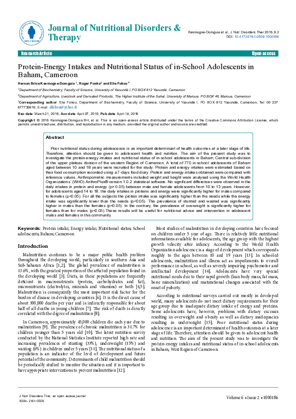 (PDF) Protein-Energy Intakes and Nutritional Status of in-School ...