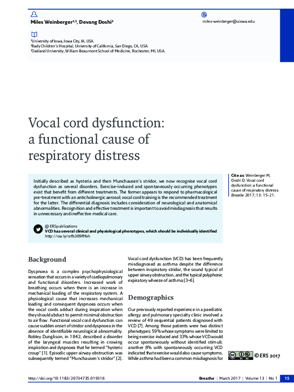 (PDF) Vocal cord dysfunction: a functional cause of respiratory distress