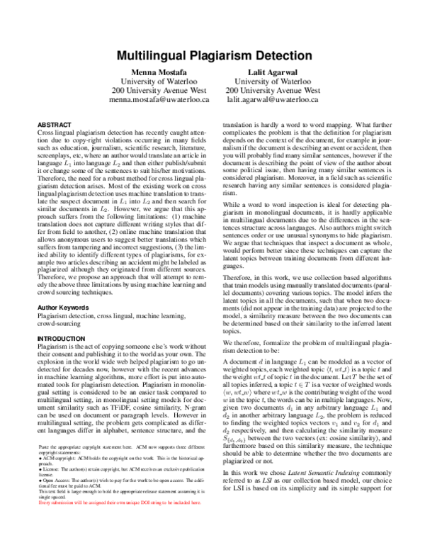 (PDF) Multilingual Plagiarism Detection
