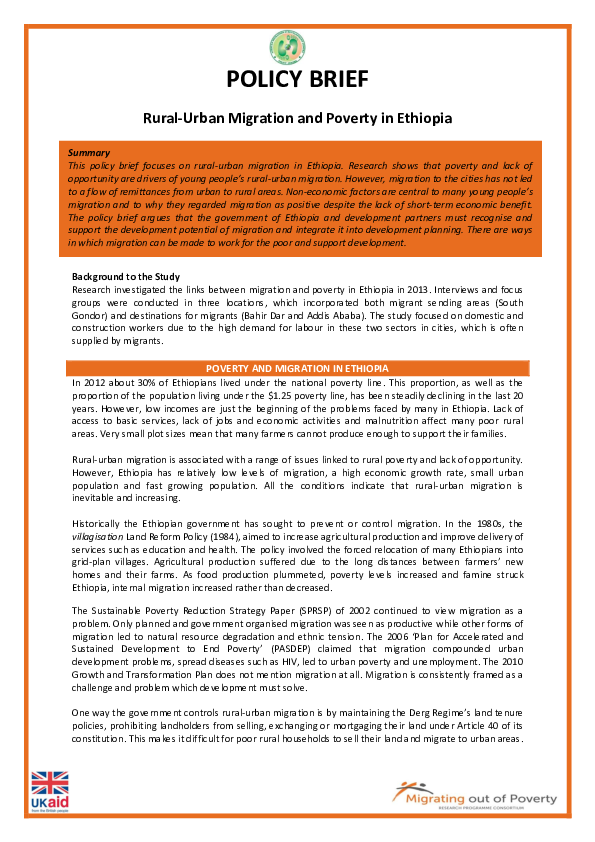 (PDF) Rural-Urban Migration and Poverty in Ethiopia