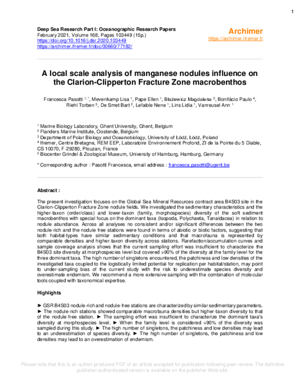 (PDF) A local scale analysis of manganese nodules influence on the Clarion-Clipperton Fracture ...