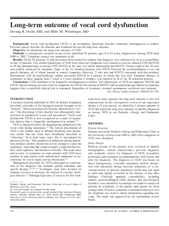 (PDF) Long-term outcome of vocal cord dysfunction