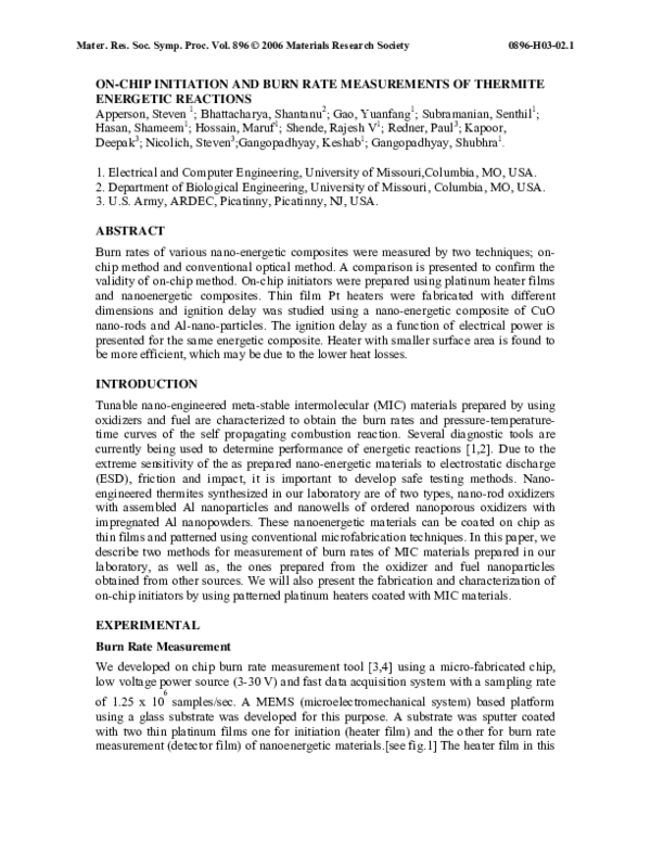 (PDF) On-Chip Initiation and Burn Rate Measurements of Thermite ...