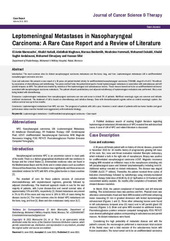 (PDF) Leptomeningeal Metastases in Nasopharyngeal Carcinoma: A Case Study