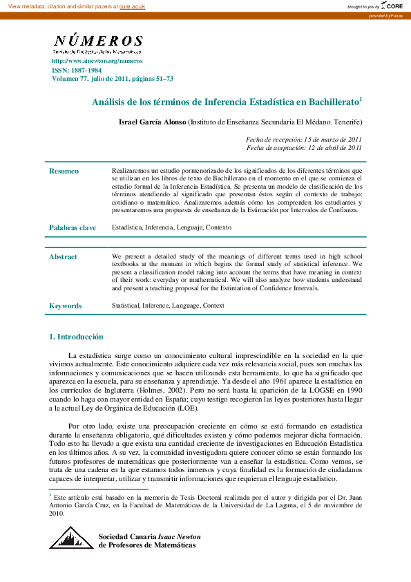 (PDF) Análisis de los términos de Inferencia Estadística en Bachillerato