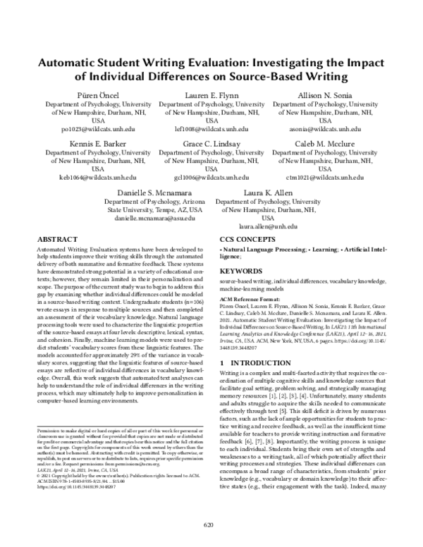 (PDF) Automatic Student Writing Evaluation: Investigating the Impact of ...