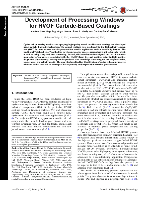 (PDF) Development of Processing Windows for HVOF Carbide-Based Coatings