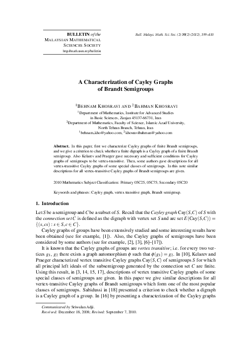 (PDF) A Characterization of Cayley Graphs of Brandt Semigroups