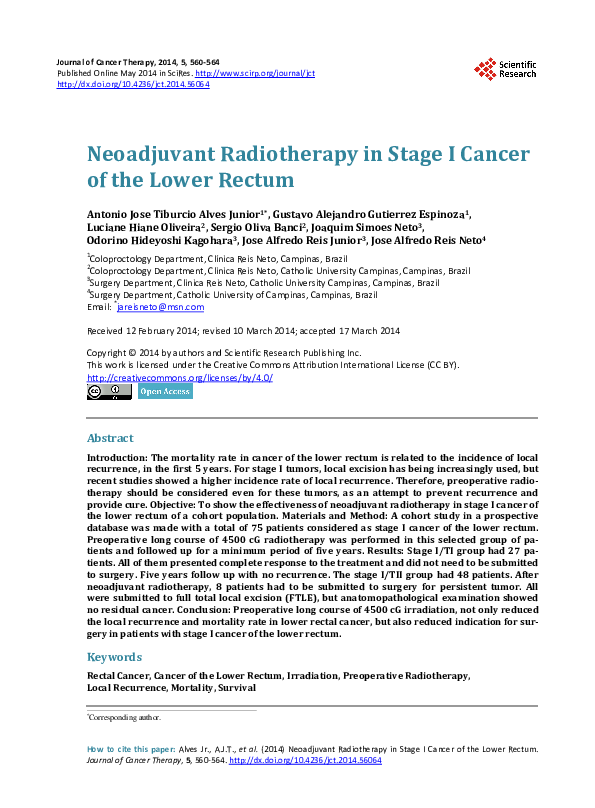 (PDF) Neoadjuvant Radiotherapy in Stage I Cancer of the Lower Rectum