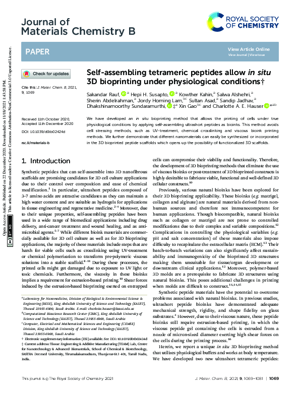 (PDF) Self-assembling tetrameric peptides allow in situ 3D bioprinting ...