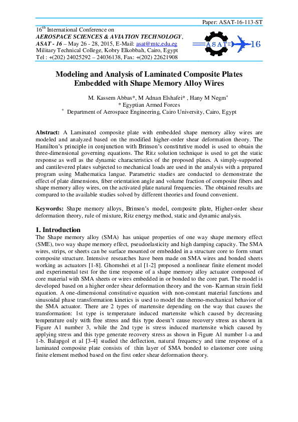 Pdf Modeling And Analysis Of Laminated Composite Plates Embedded With Shape Memory Alloy Wires