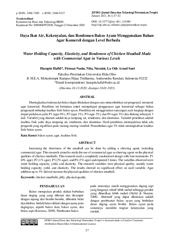 (PDF) Daya Ikat Air, Kekenyalan, dan Rendemen Bakso Ayam Menggunakan ...