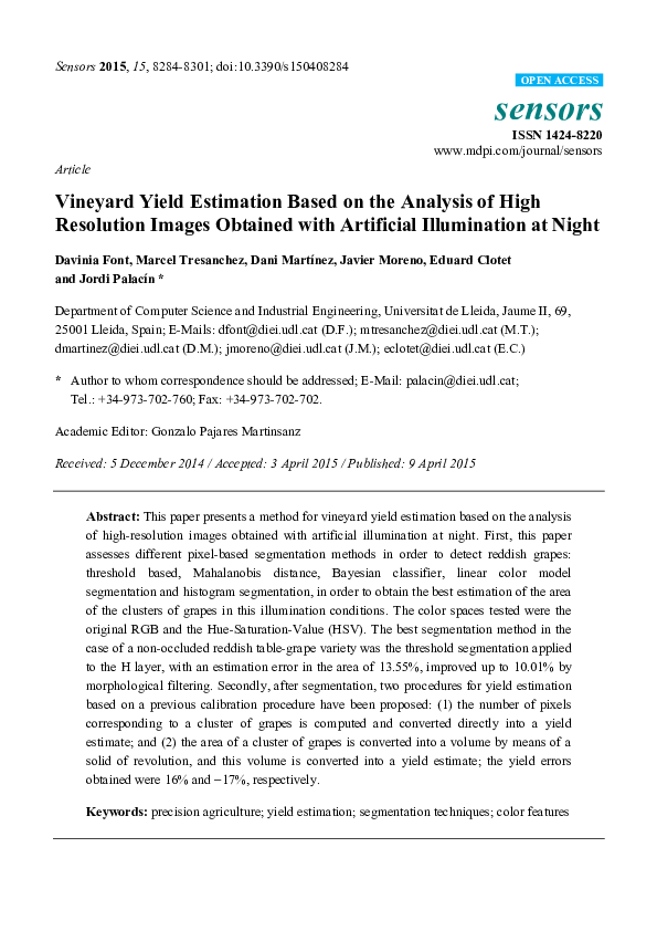 (PDF) Vineyard Yield Estimation Based on the Analysis of High Resolution Images Obtained with ...