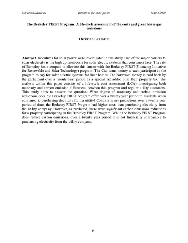 (PDF) The Berkeley FIRST Program: A life-cycle assessment of the costs ...